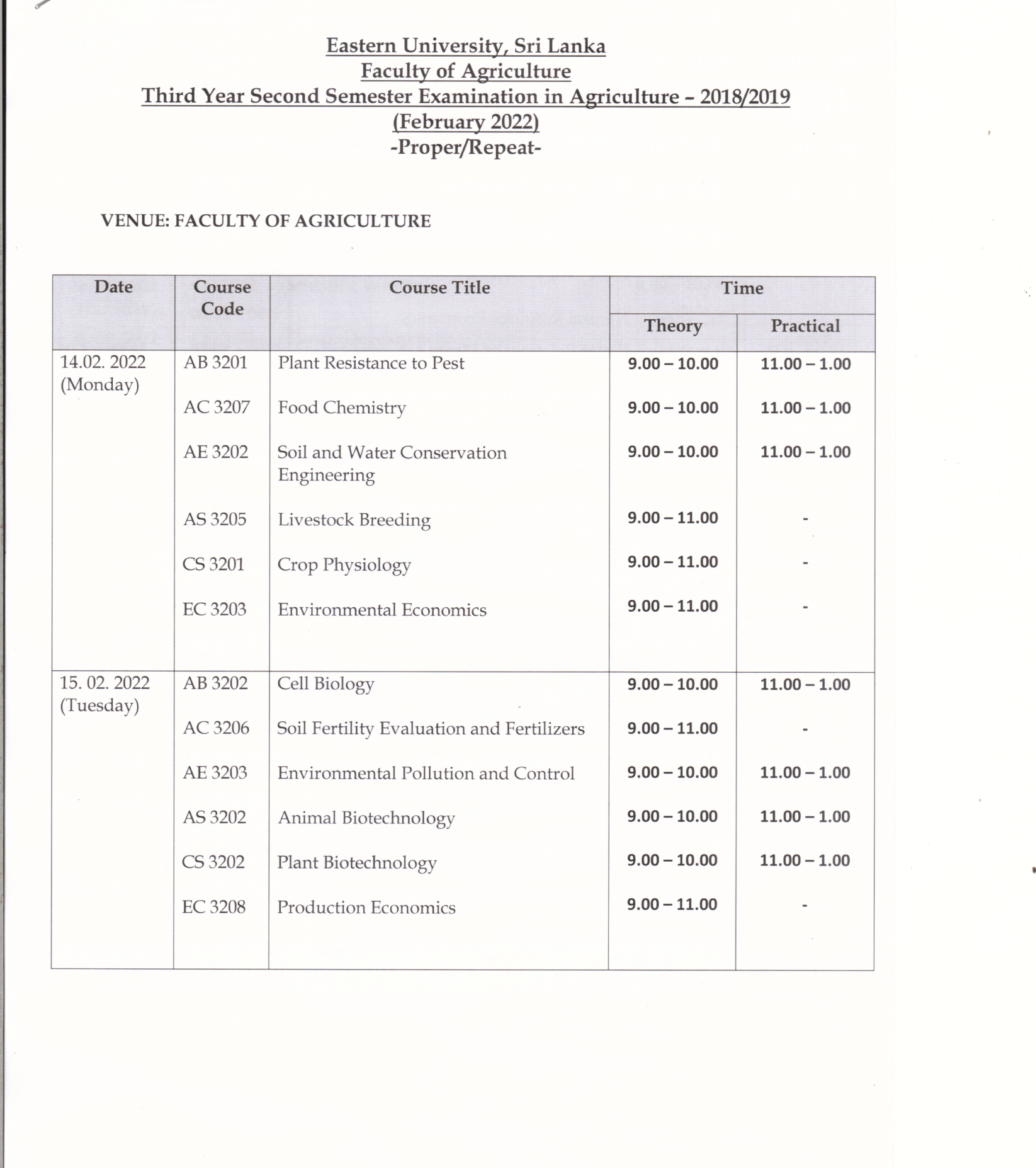 3rd year 2nd Semester Examination Timetable | Faculty of Agriculture